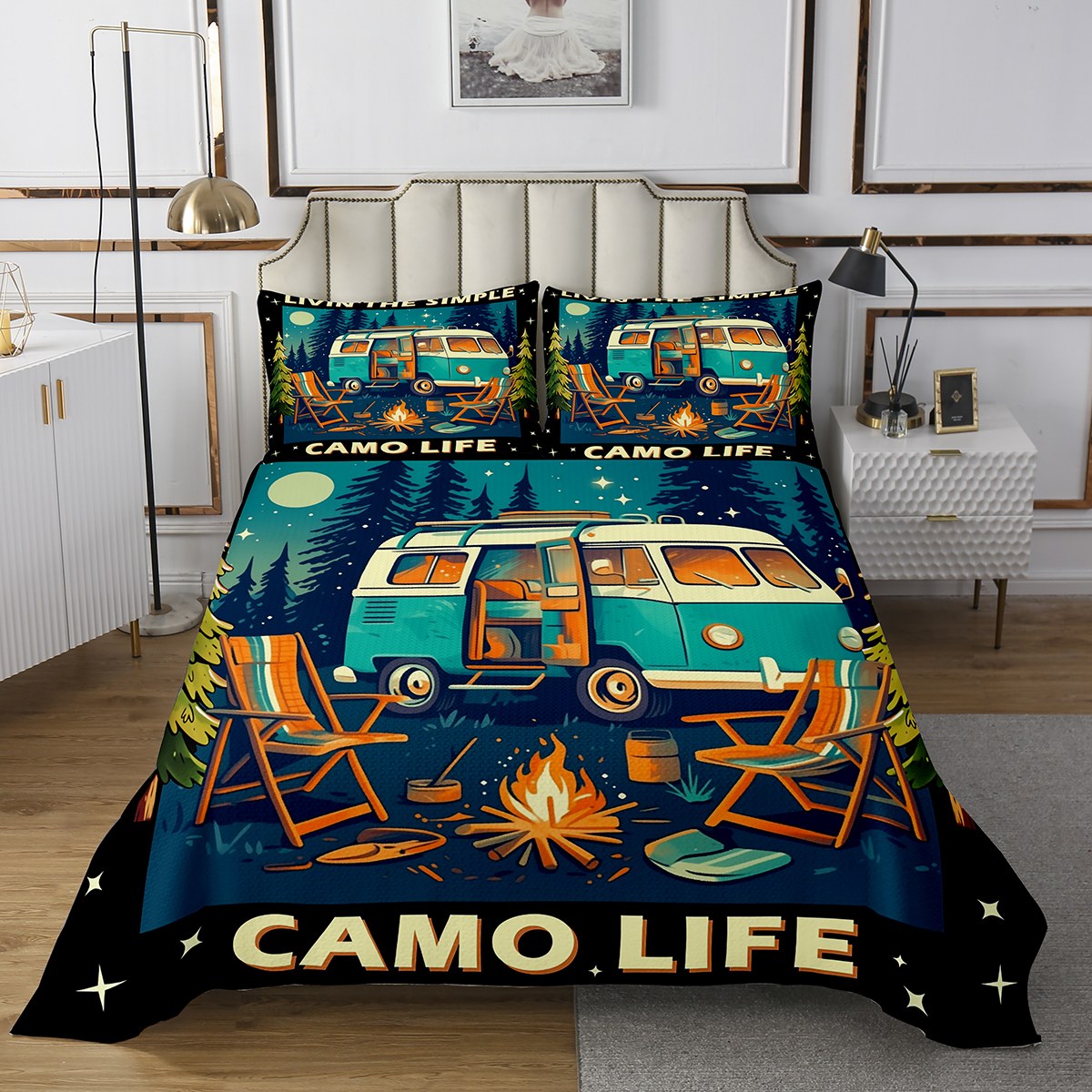 Erosebridal Happy Camping Bedspread Set Camper Quilt Set Queen Size ...