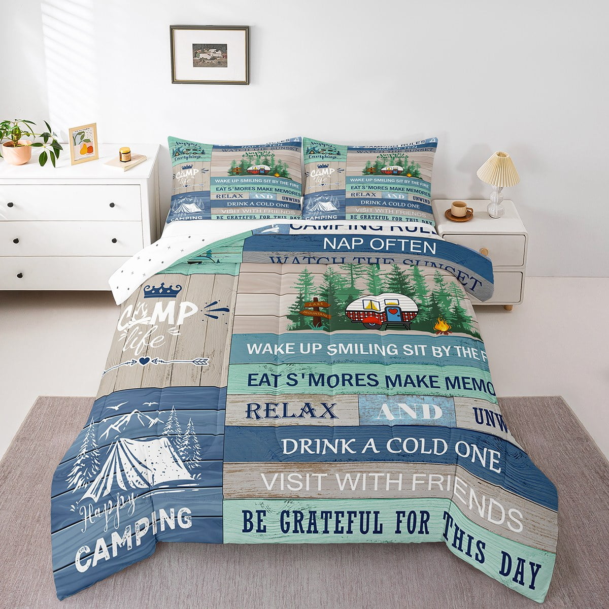 Erosebridal Happy Camping Comforter Sets Queen Size,Camper Rv Car ...