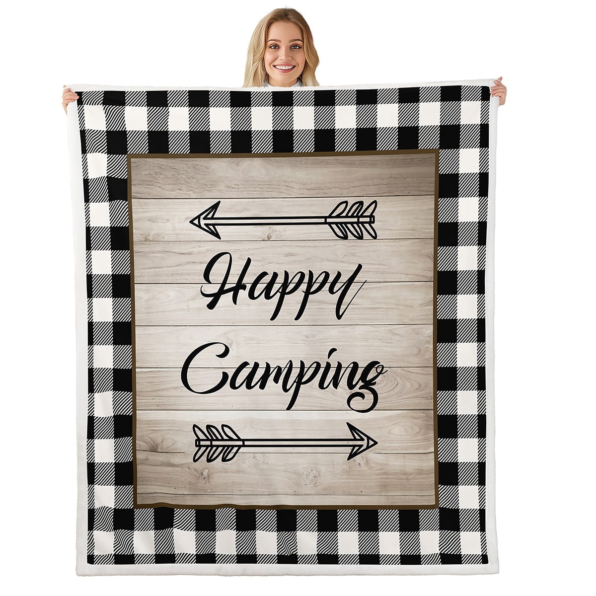 Erosebridal Happy Camping Fleece Blanket, Buffalo Sherpa Throw, Rustic ...