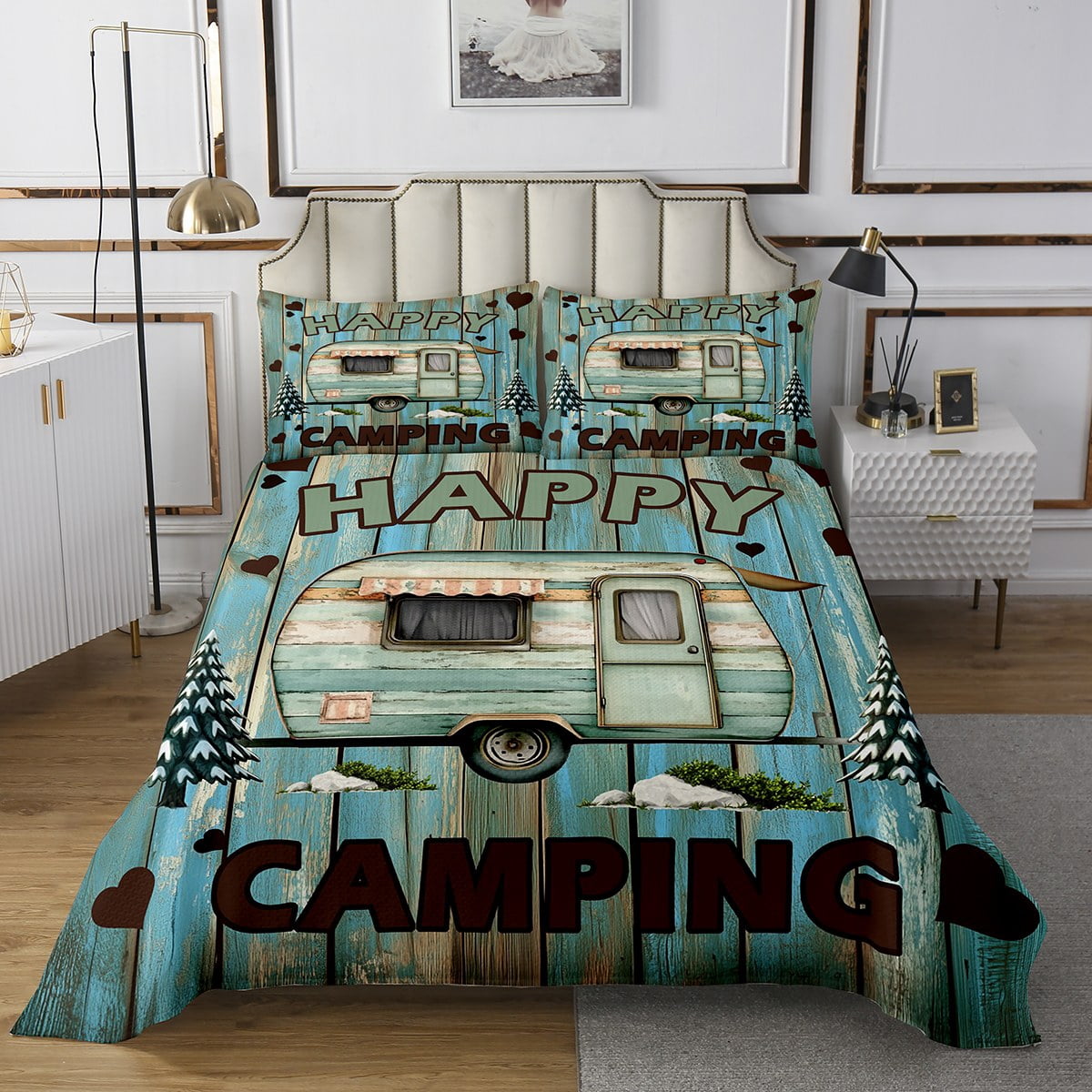 Erosebridal Happy Camping King Quilt Set Rustic Farmhouse Camper ...