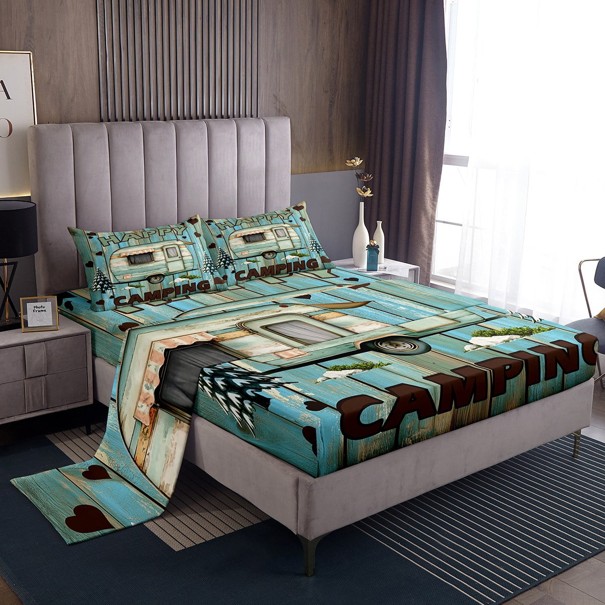 Erosebridal Happy Camping Queen Bedding Set Rustic Farmhouse Camper Bed ...