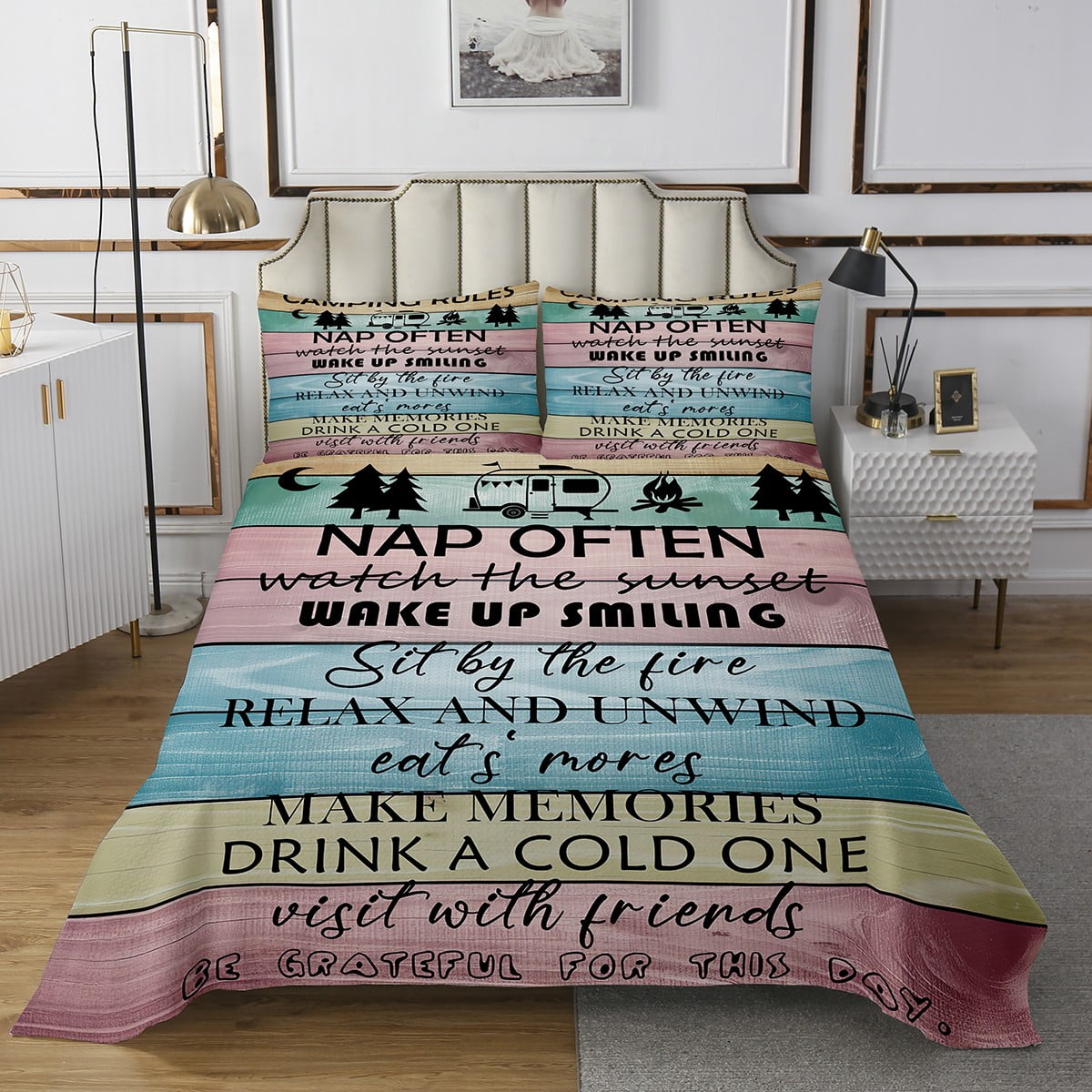 Erosebridal Happy Camping Quilt Set,Rustic Camper Coverlet Set King RV ...