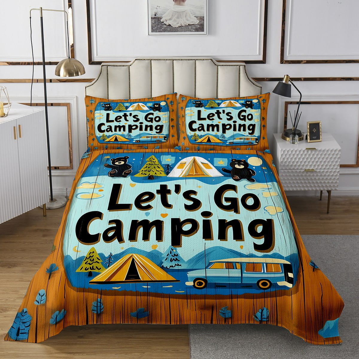 Erosebridal Happy Camping Quilt Sets for Queen Size Bed,Camper RV Car ...