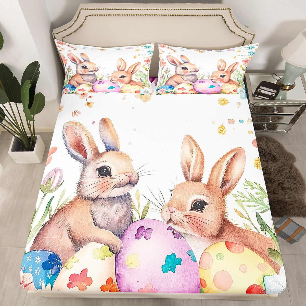 Erosebridal Happy Easter Fitted Sheet Set Twin,Watercolor Rabbit Eggs ...