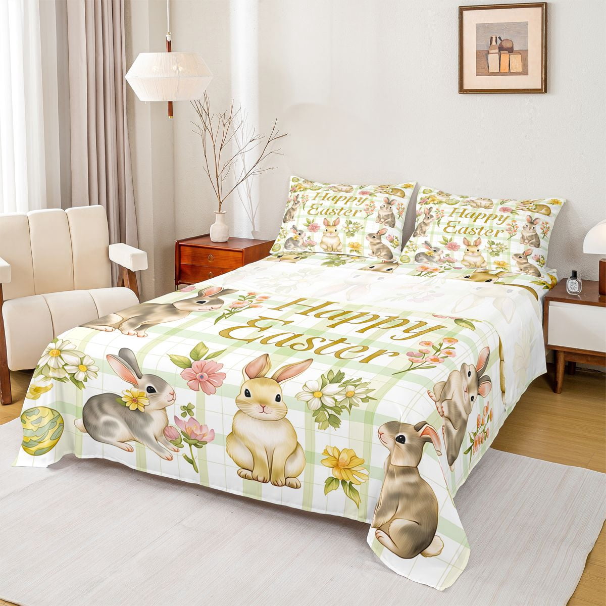 Erosebridal Happy Easter Rabbit Queen Sheet Sets,Retro Watercolor ...