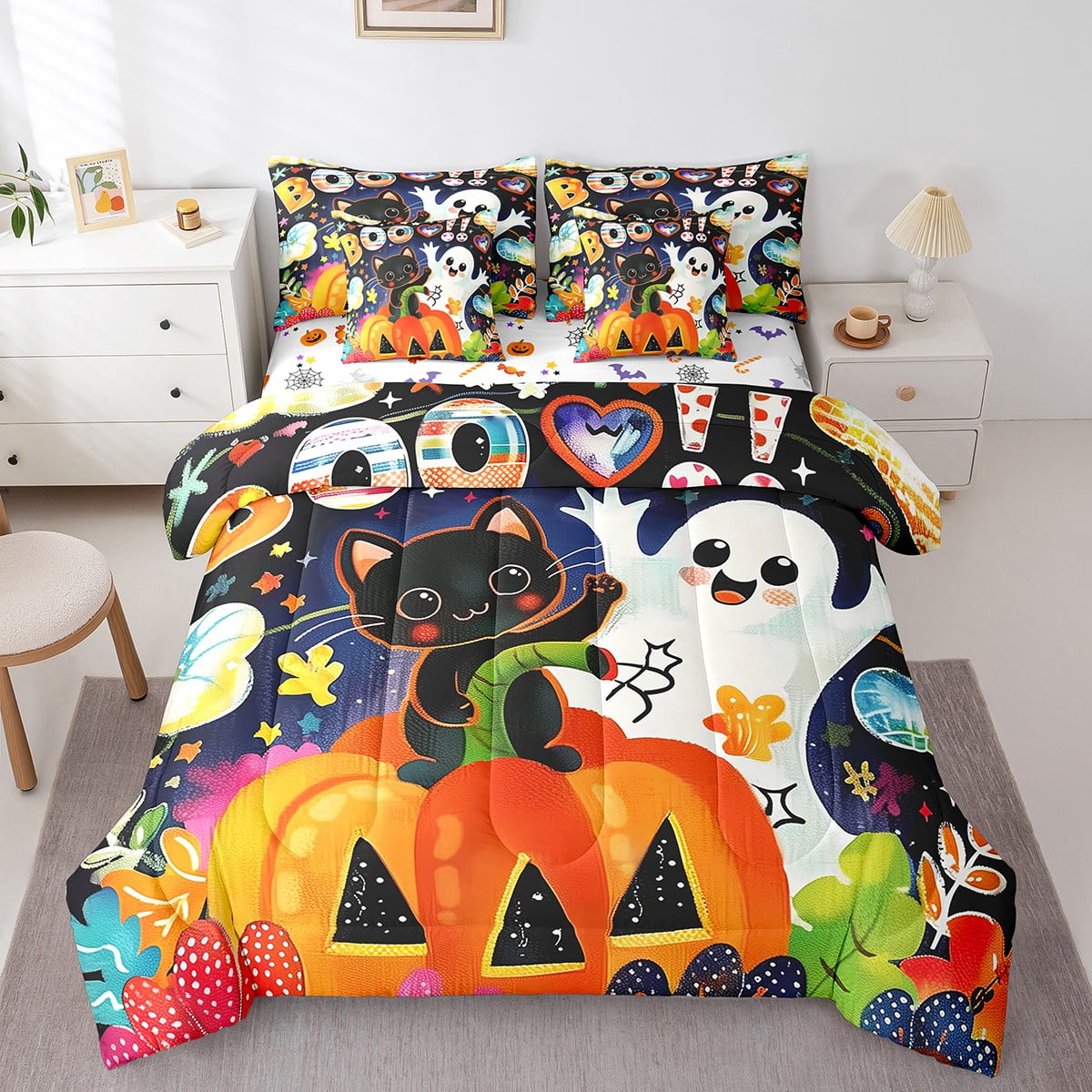 Erosebridal Happy Halloween Bedding King Size, Spooky Animal Cat ...