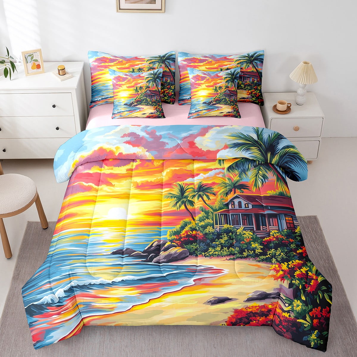Erosebridal Hawaiian Beach Bedding Sets Twin Size,Palm Tree Comforter Sets with Sheets,Ocen ...