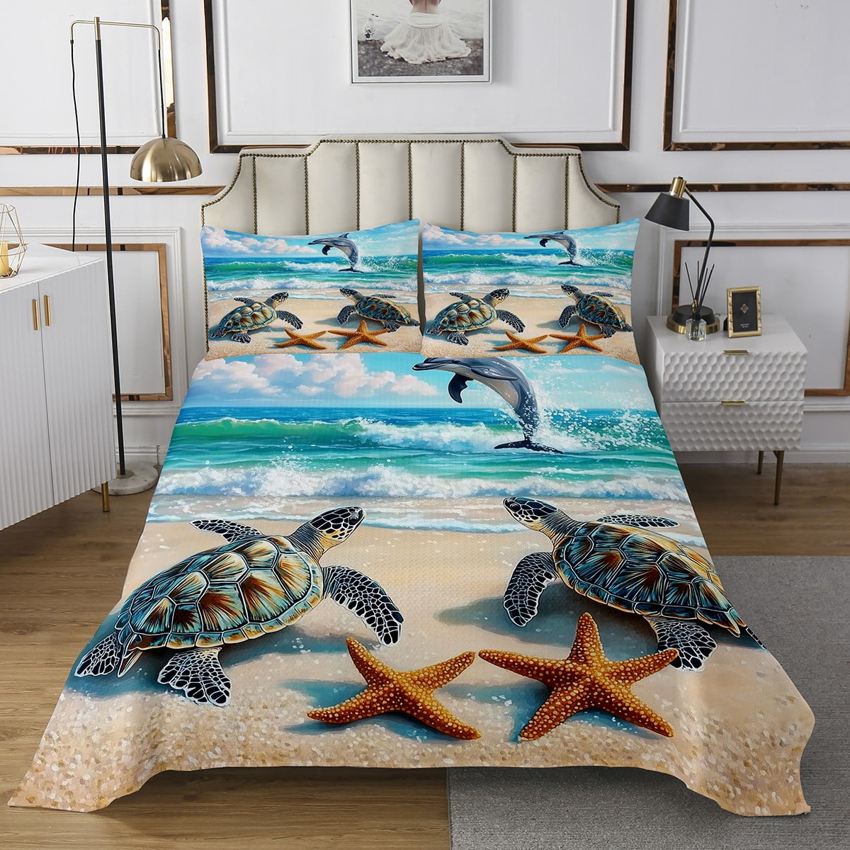 Erosebridal Hawaiian Beach Coverlet Set King, Sea Turtle Starfish ...