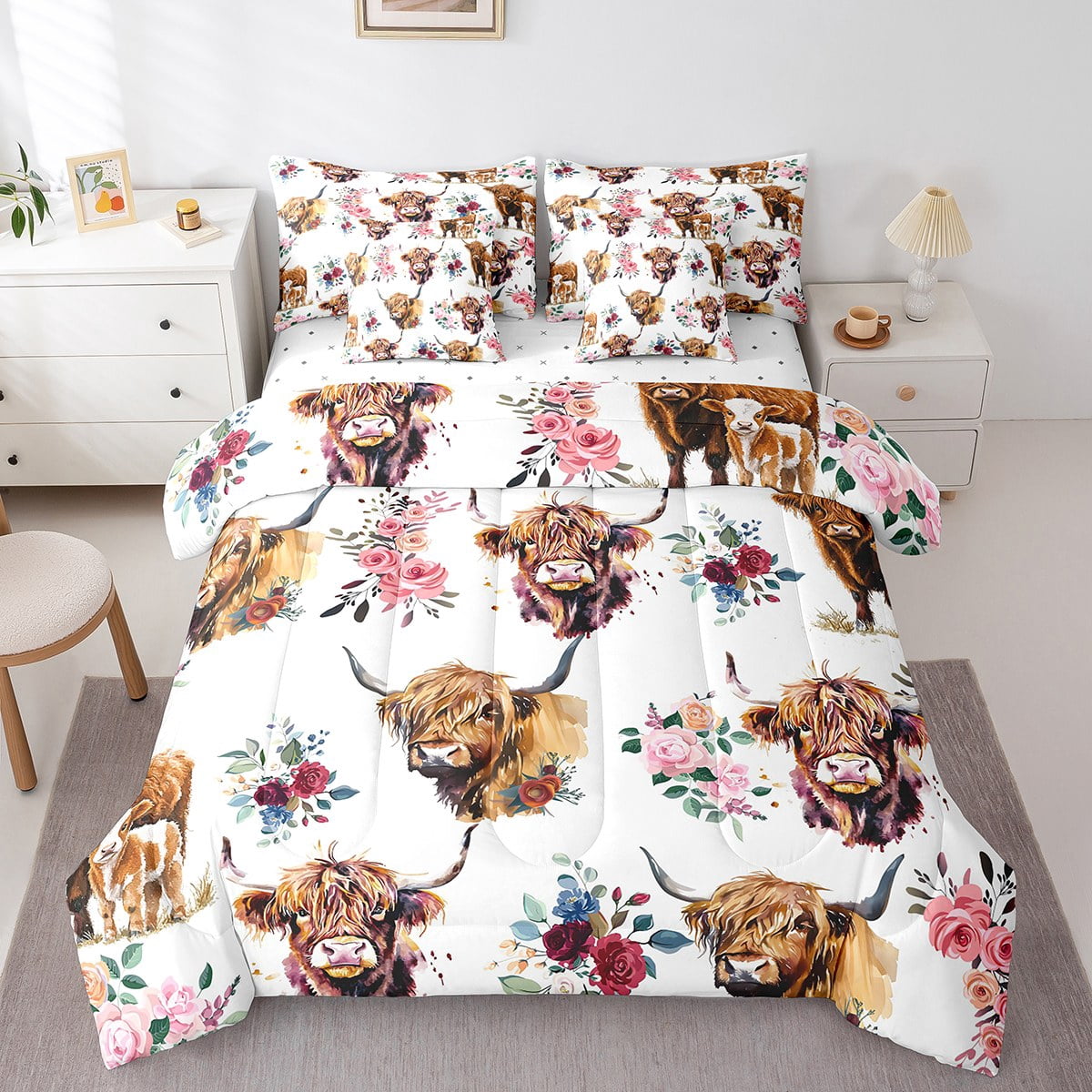 Erosebridal Highland Bull Bed in a Bag King Size, Chic Floral Flower ...
