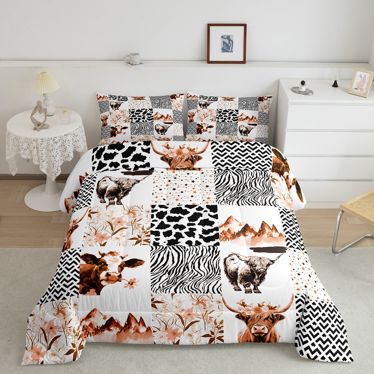 Erosebridal Highland Bull Bedding Comforter Set, Cute Cow Print Down Comforter, Geometric ...
