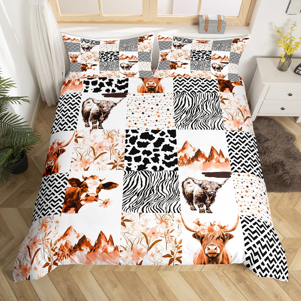 Erosebridal Highland Bull Duvet Cover, Cute Cow Print Comforter Cover, Geometric Patchwork Decor ...
