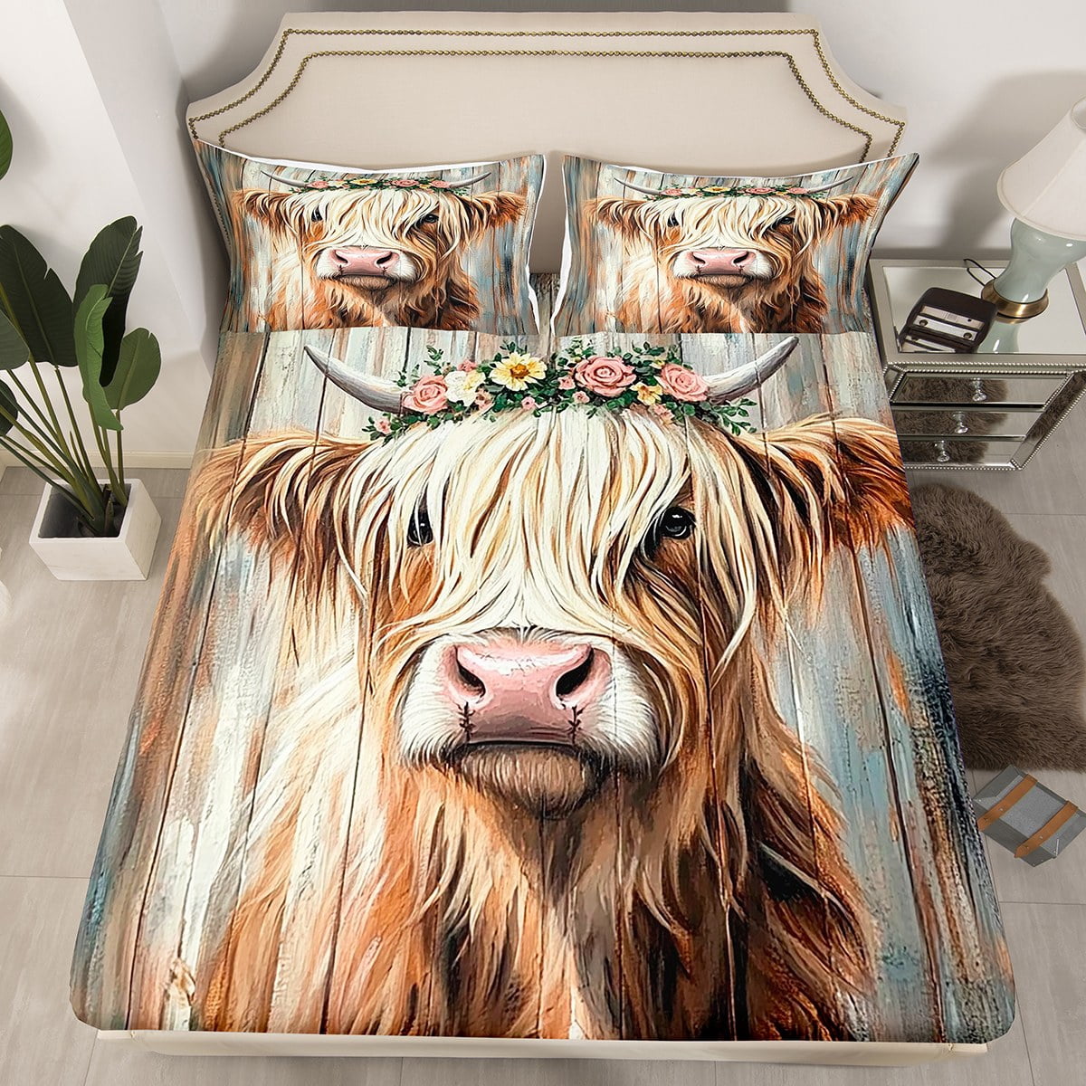 Erosebridal Highland Bull Fitted Sheet Set Queen, Farm Animal Bed Set ...