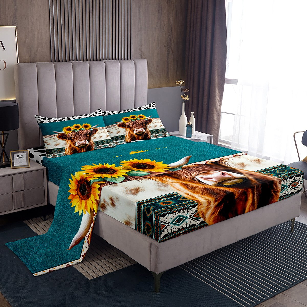 Erosebridal Highland Bull Sheet Set King, Teal Tribal Aztec Bedding ...