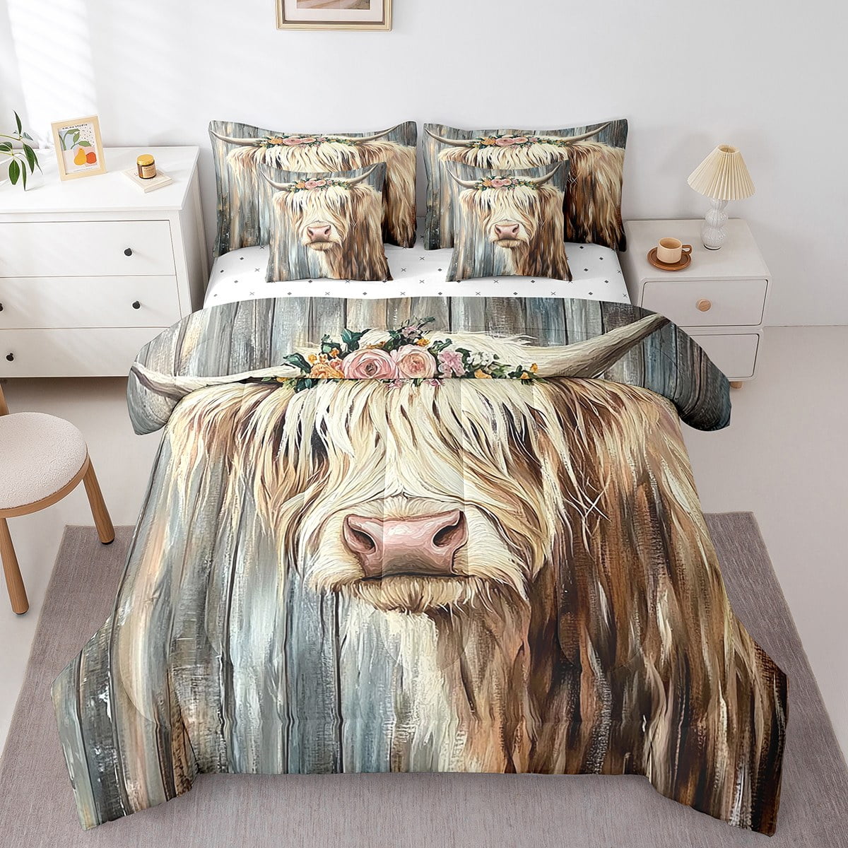 Erosebridal Highland Cattle Bed in a Bag Queen size, Oil Painting Bed Set, Reversible 7pcs ...