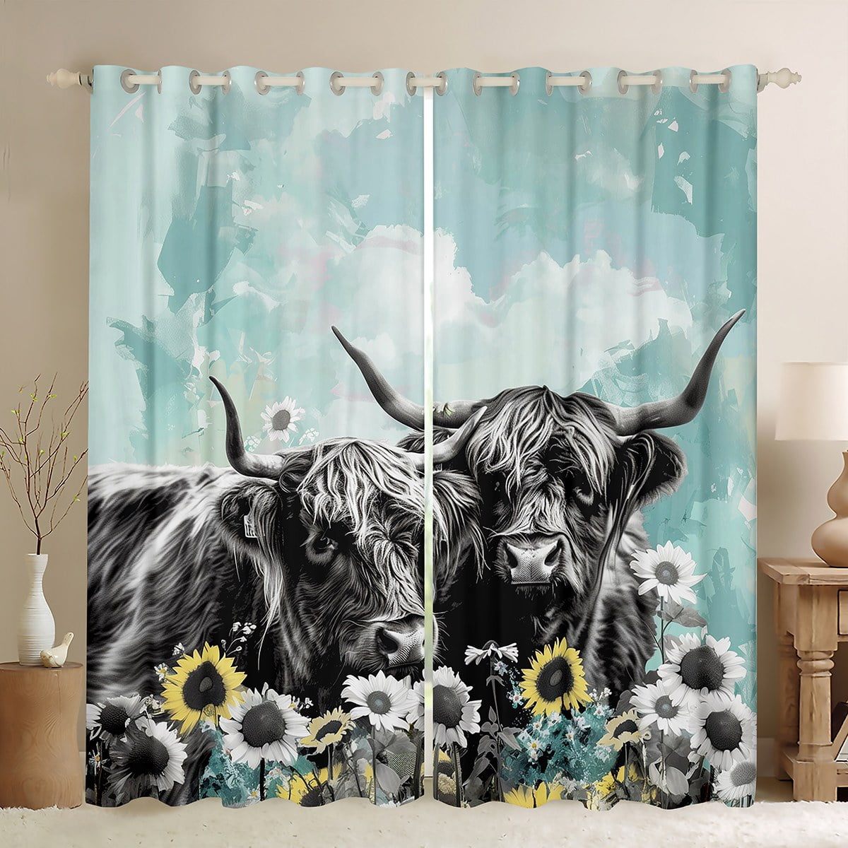 Erosebridal Highland Cattle Curtains Pack of 2 (42x63), Rustic Daisy ...