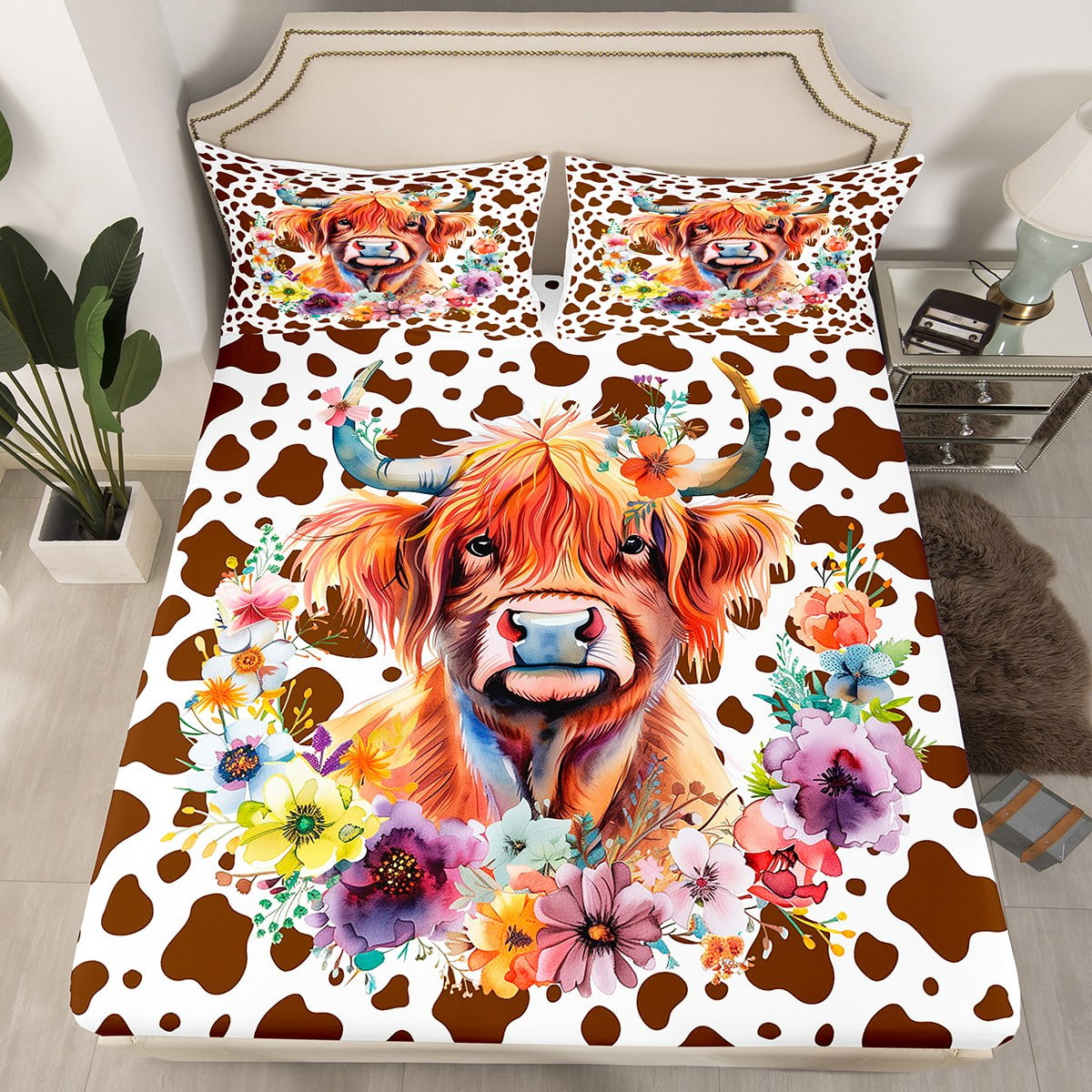 Erosebridal Highland Cattle Fitted Sheet Full, Rustic Floral Bedding Set Full Size, Brown Cow ...
