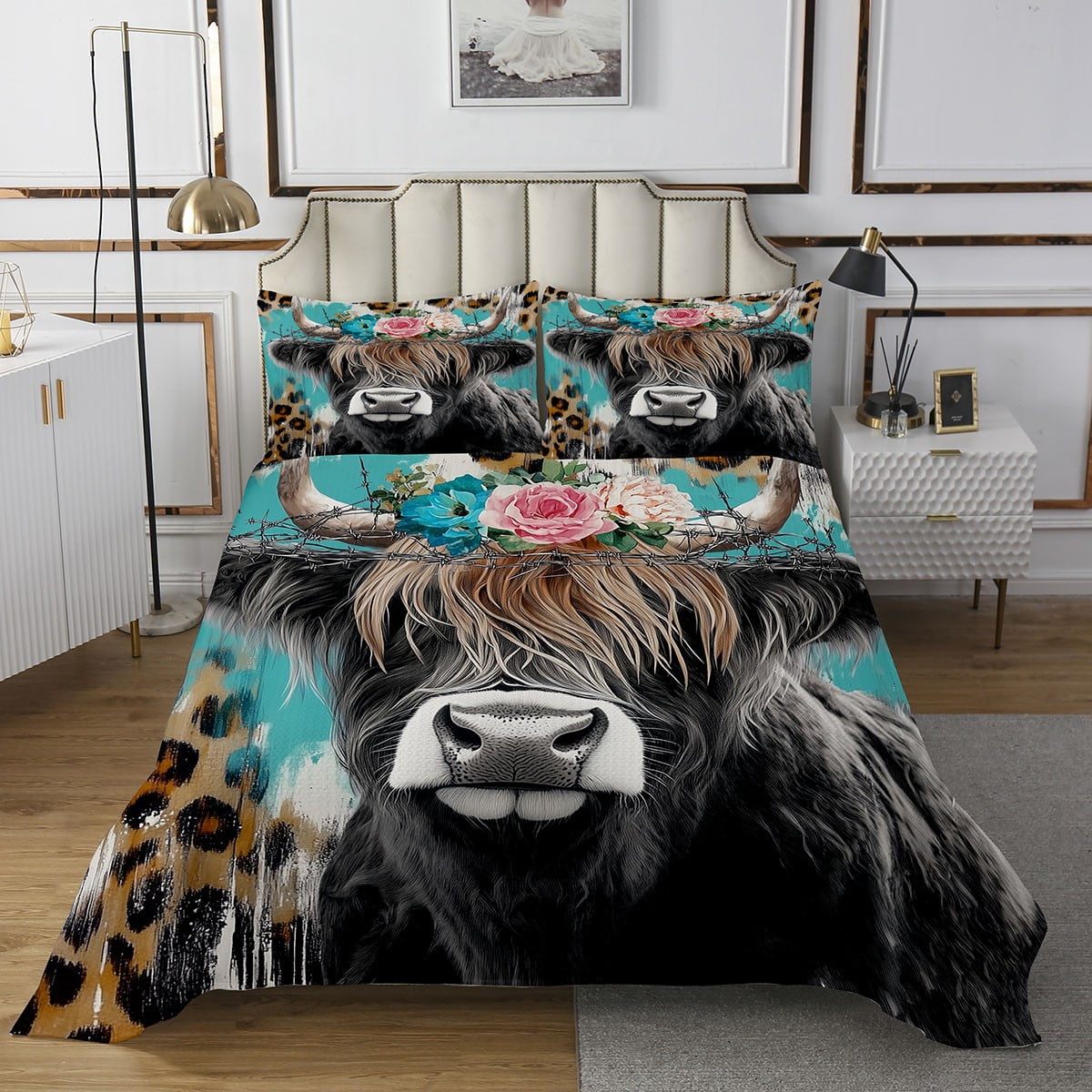 Erosebridal Highland Cattle Quilt Sets for Queen Size Bed,Leopard Print ...