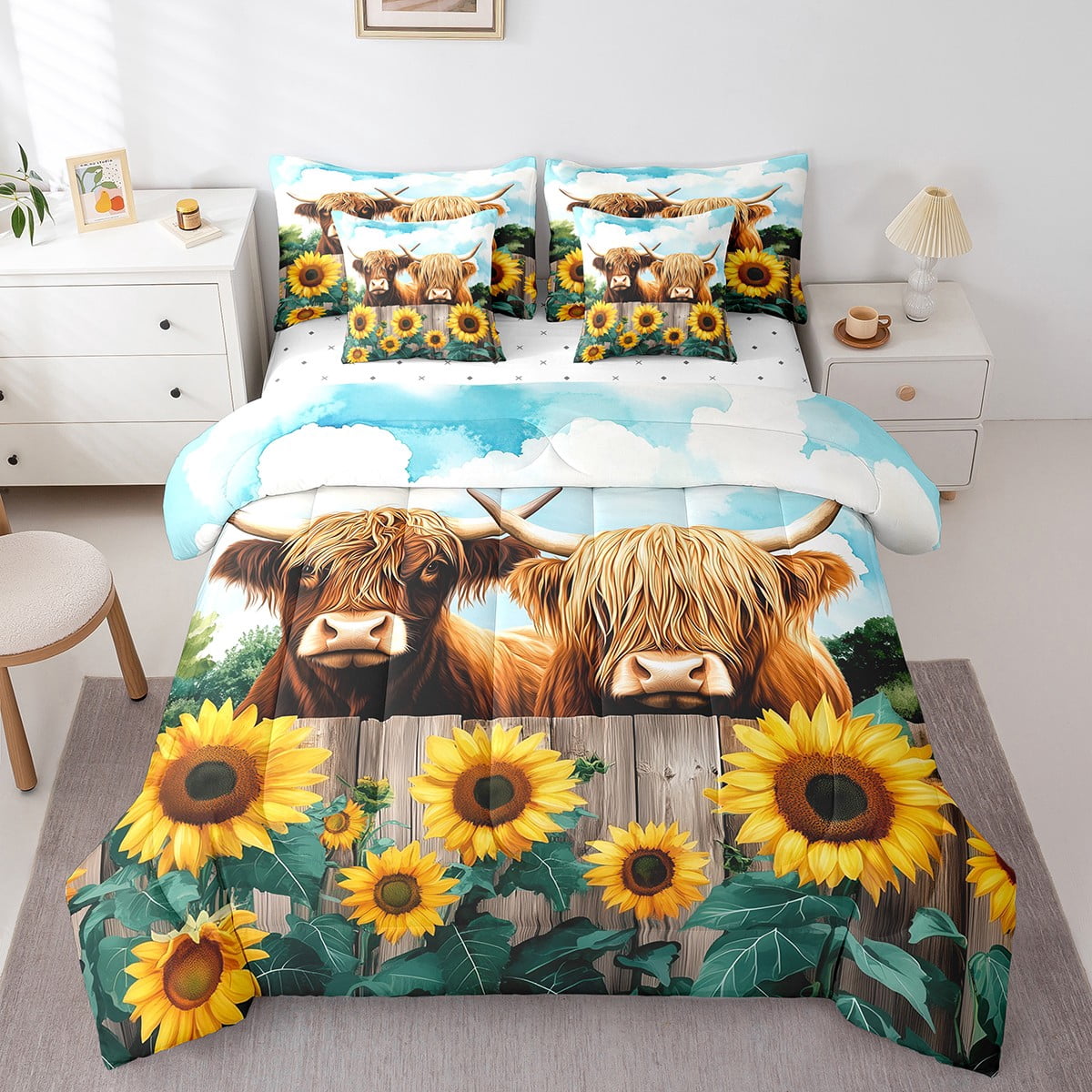 Erosebridal Highland Cow Bed in a Bag Twin size, Sunflower Bed Set ...
