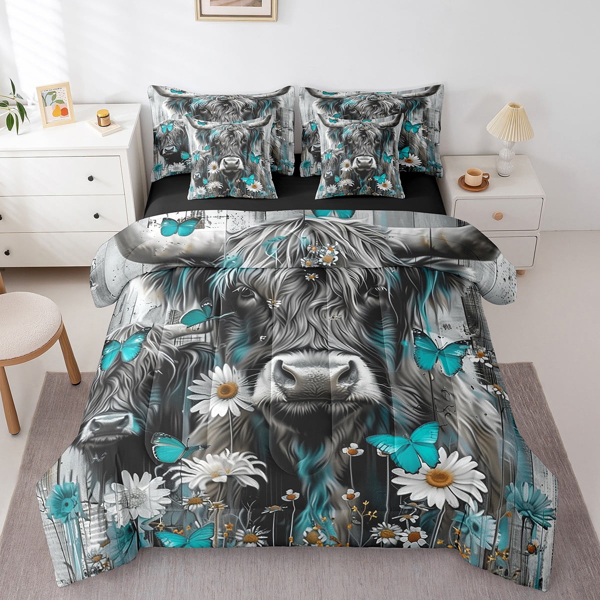 Erosebridal Highland Cow Bedding Queen Size, Chic Daisy Butterfly Comforter Sets with Sheets ...