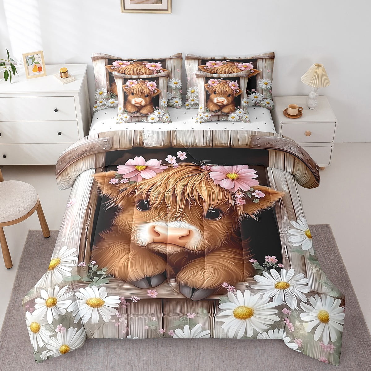 Erosebridal Highland Cow Bedding Queen Size, Farmhouse Animal Bed in a Bag Queen size, Daisy ...