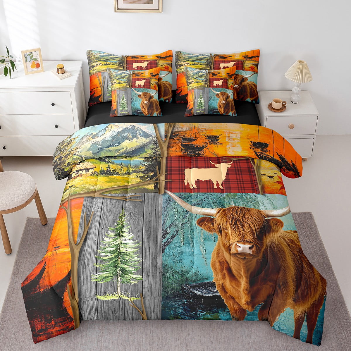 Erosebridal Highland Cow Bedding Queen Size, Retro Farmhouse Lodge Cabin Comforter Sets with ...