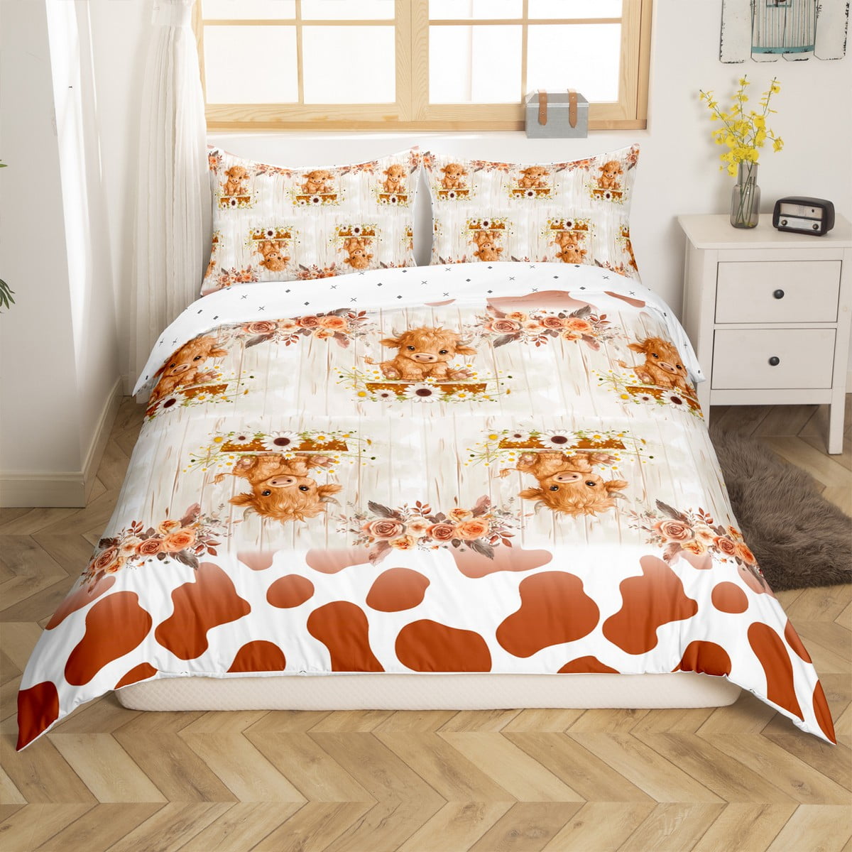 Erosebridal Highland Cow Bedding Set Queen Size Highland Cattle Comforter Cover Set Teens Animal ...