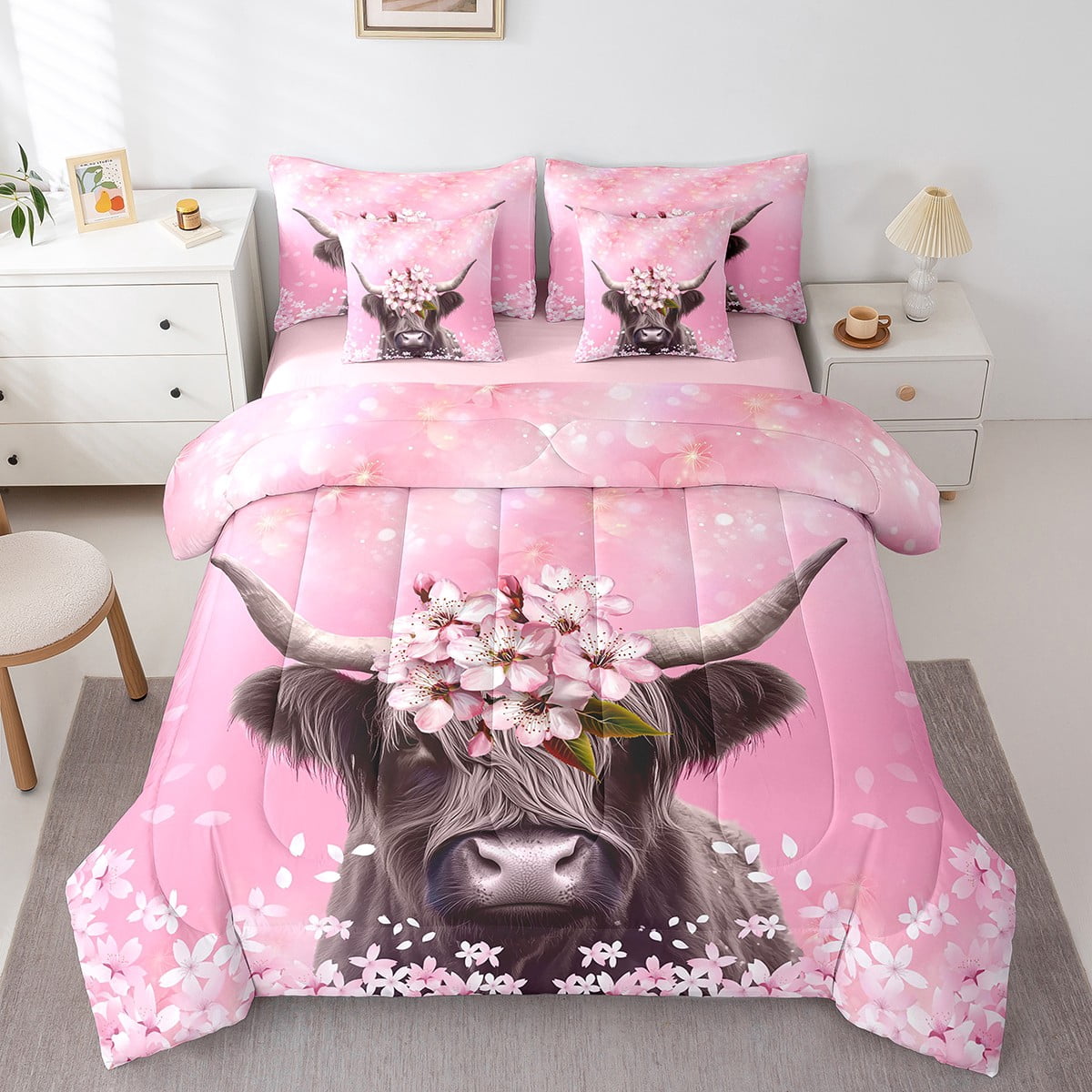 Erosebridal Highland Cow Bedding Sets Full Size, Cherry Blossoms ...