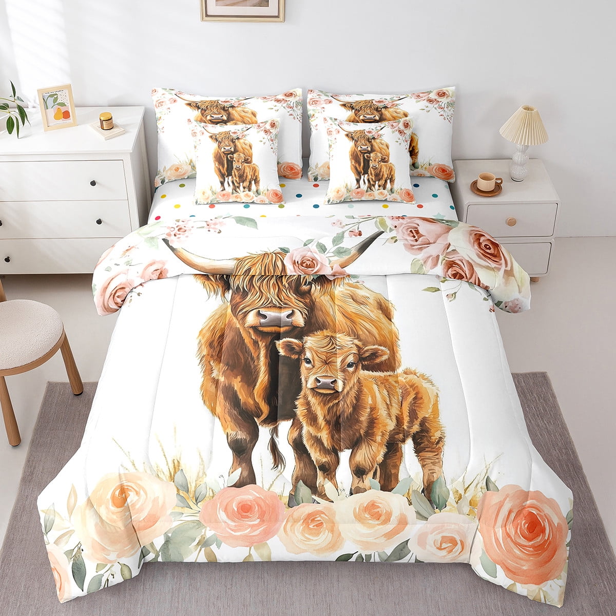 Erosebridal Highland Cow Bedding Sets Twin Size,Rose Flower Comforter Sets with Sheets,Floral ...