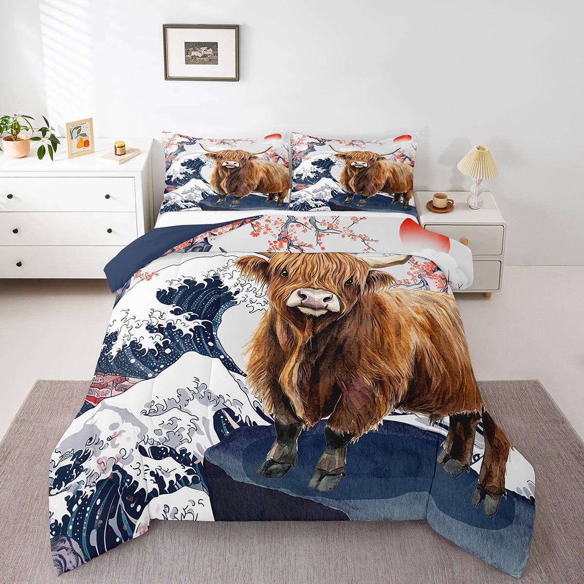 Erosebridal Highland Cow Cattle Twin Size Comforter Set Japanese Bedding Set, Farm Animal Down ...