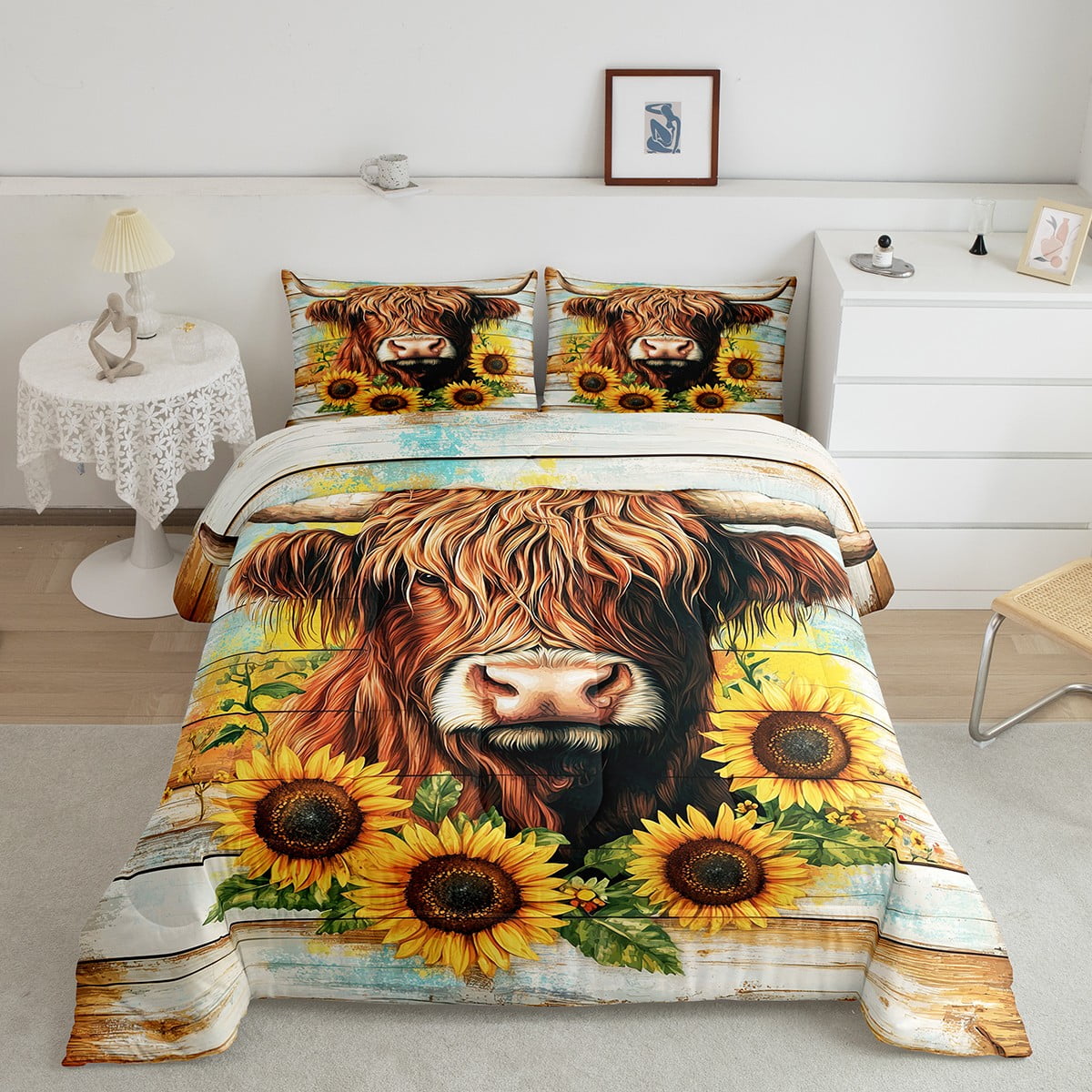 Erosebridal Highland Cow Comforter Set Queen Size Highland Cattle Comforter Teens Animal Bedding ...