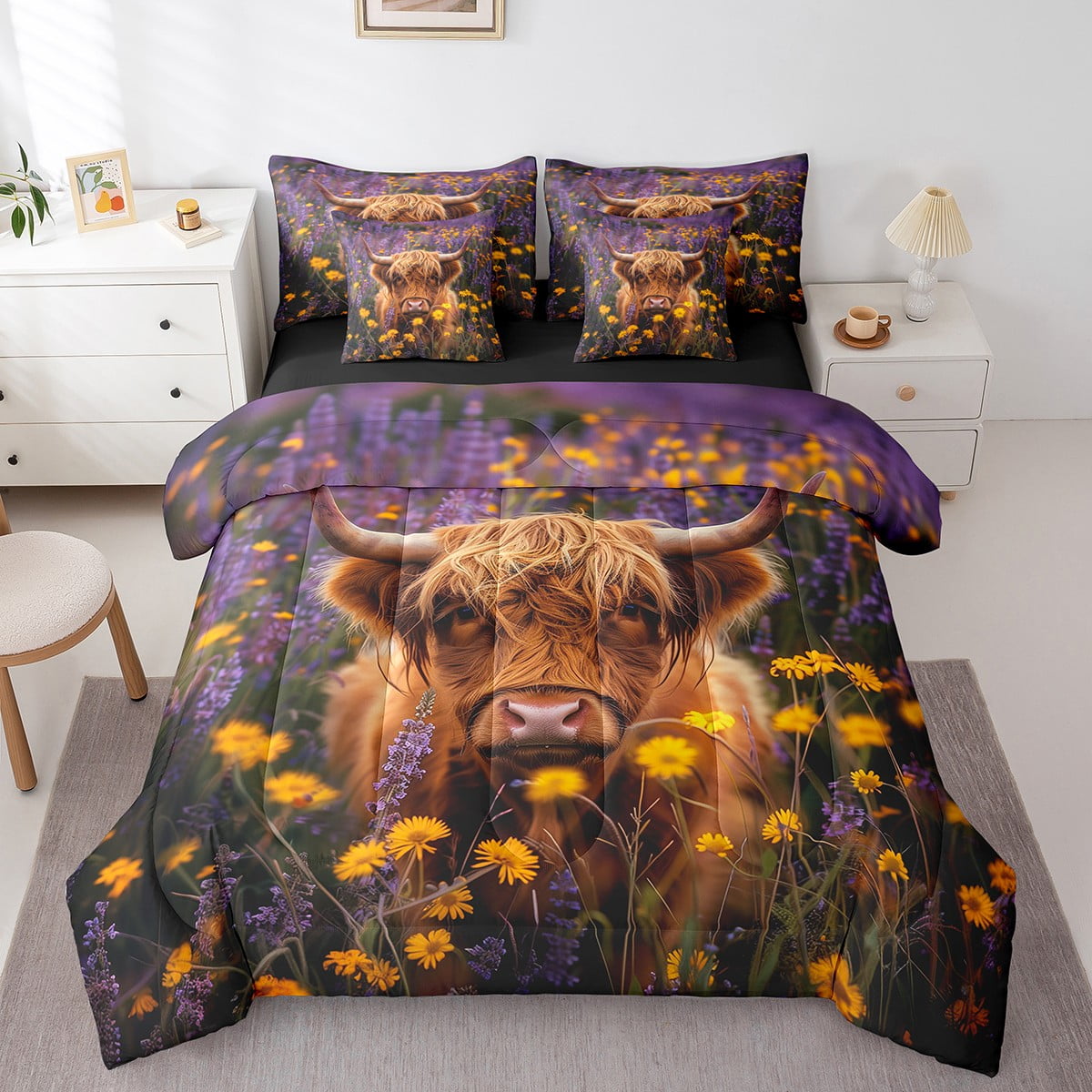 Erosebridal Highland Cow Comforter Sets Queen Size, Groovy Flower ...