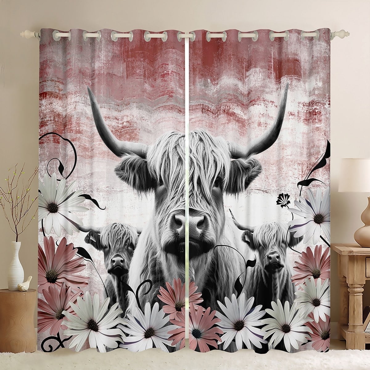 Erosebridal Highland Cow Curtains Blackout,Red Western Farmhouse ...