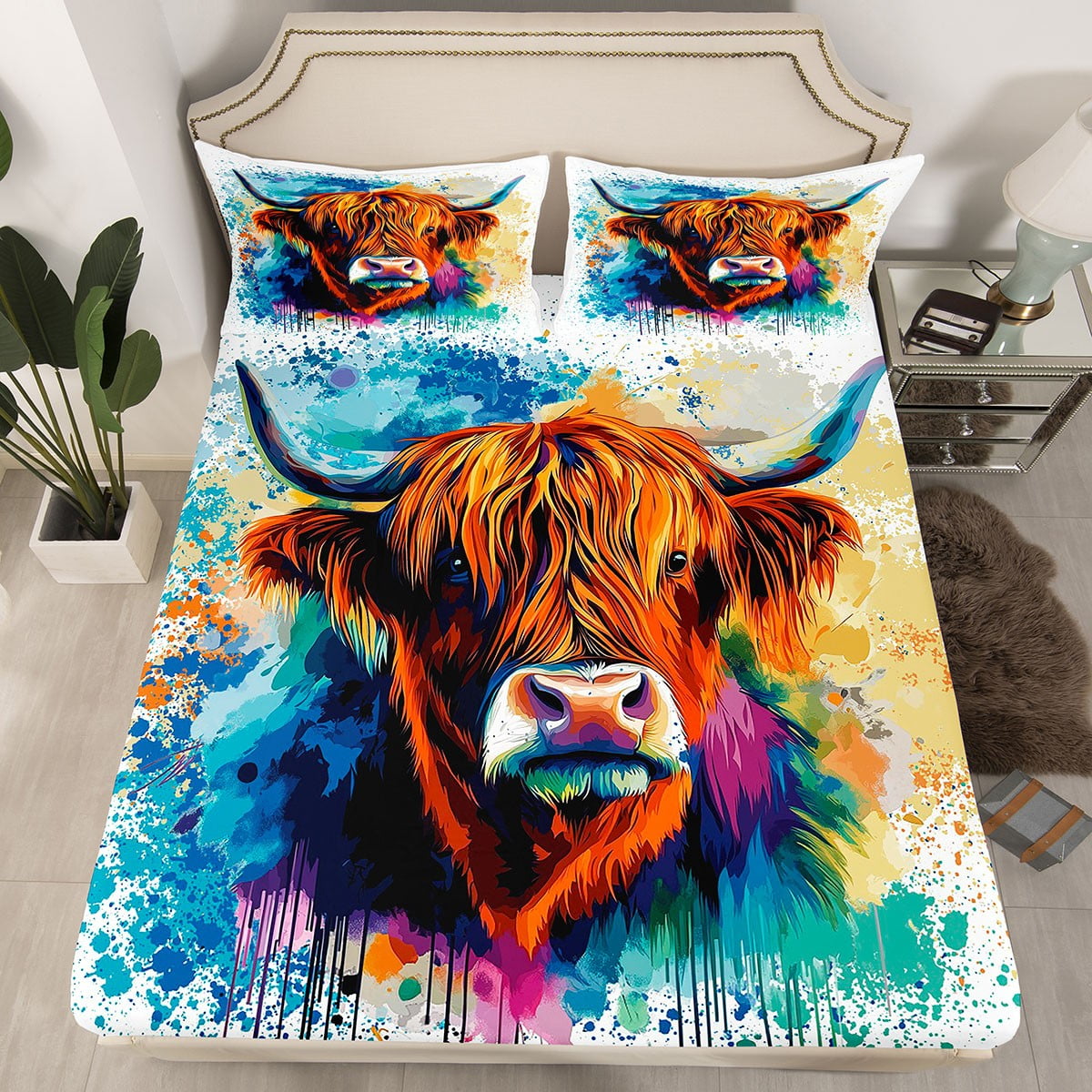 Erosebridal Highland Cow Fitted Sheet Full Size Highland Cattle Bedding Set Teens Animal Bed ...