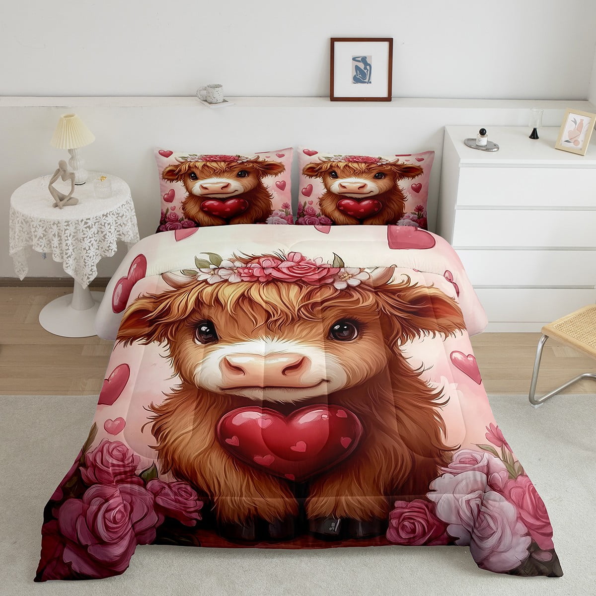 Erosebridal Highland Cow Flower Comforter Set Queen Size Bull Cattle Bedding Set Wildlife ...