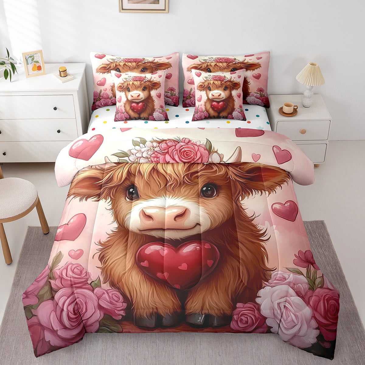 Erosebridal Highland Cow Flower Comforter Set with Sheets Bull Cattle 7 Piece Bedding Set Full ...