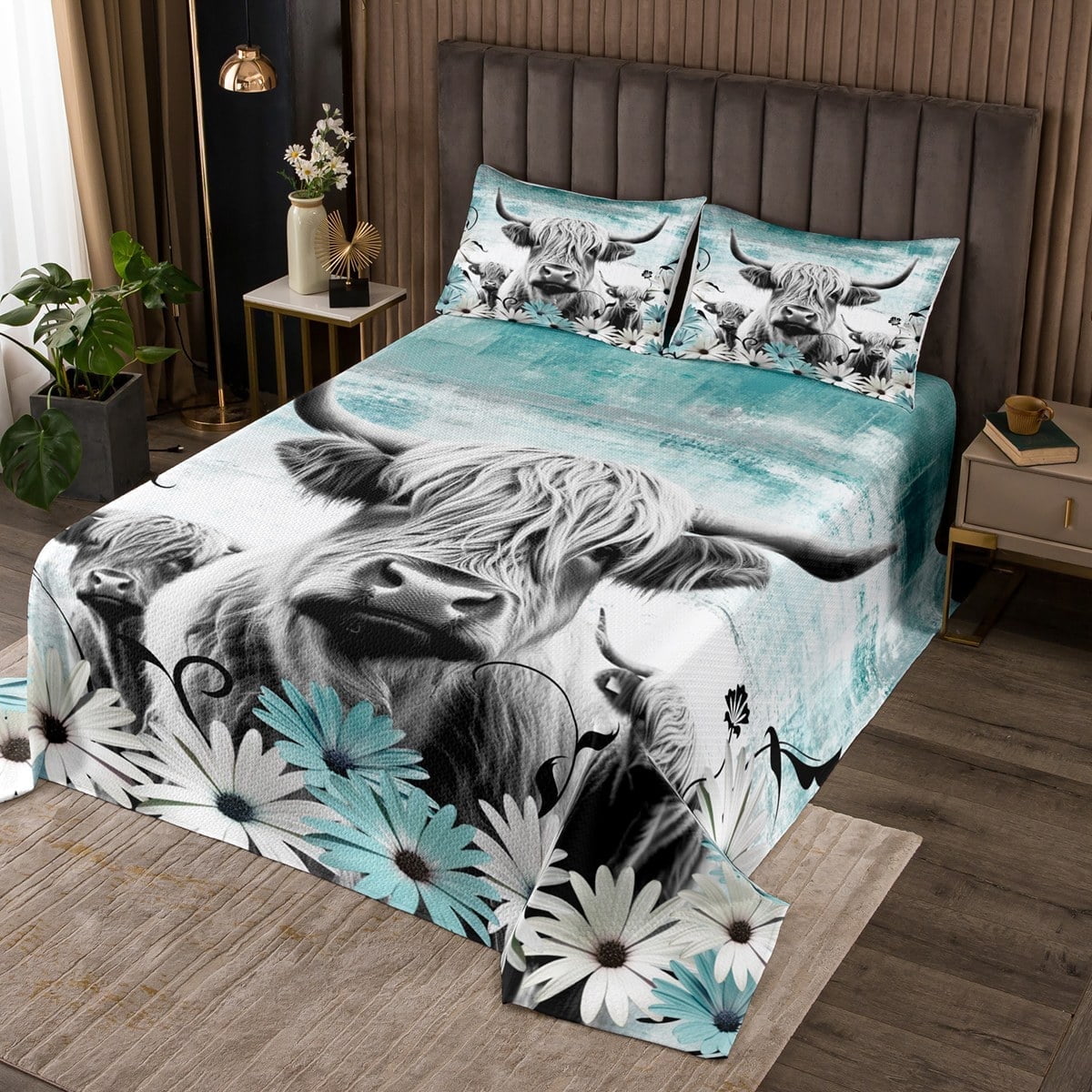Erosebridal Highland Cow Print Bedspread Queen,Teal Western Farmhouse Quilt Set Rustic Home ...