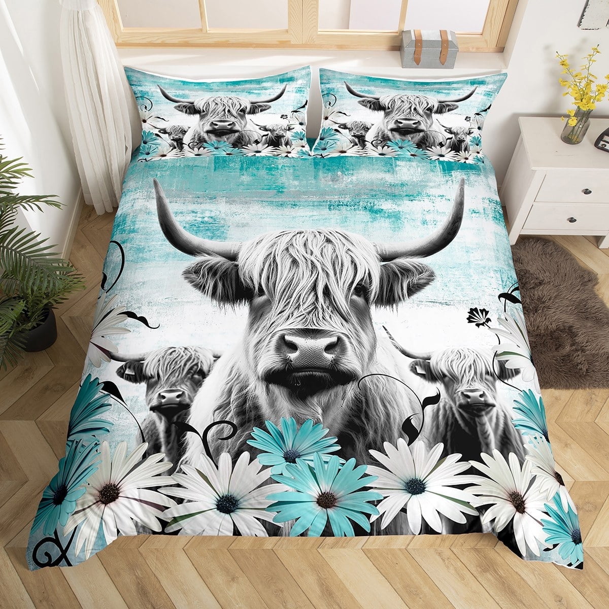 Erosebridal Highland Cow Print Duvet Cover Full,Teal Western Farmhouse Bedding Set Rustic Home ...