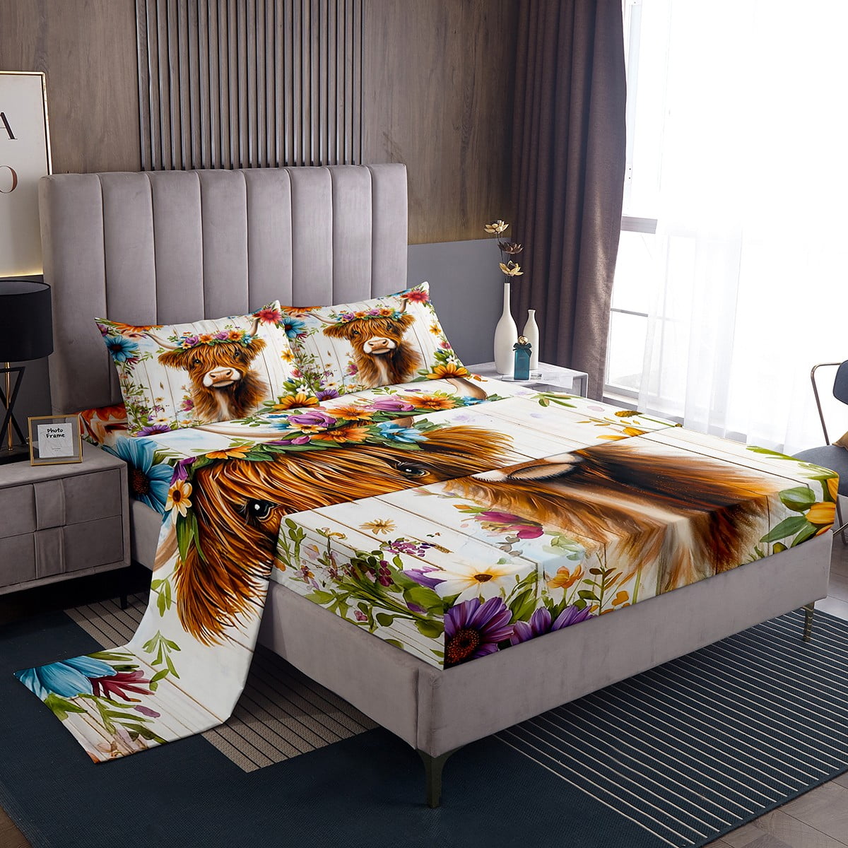 Erosebridal Highland Cow Queen Sheet Sets, Lodge Cabin Bedding Queen Size, Colorful Floral Decor ...