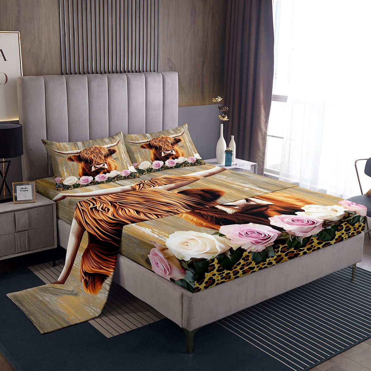 Erosebridal Highland Cow Queen Sheet Sets, Rose Bedding Queen Size ...