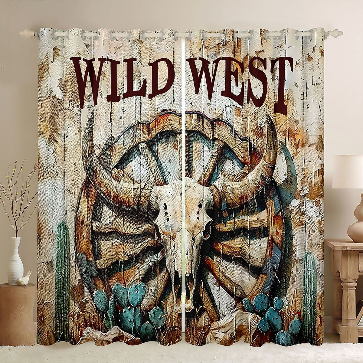 Erosebridal Highland Cow Skull Curtains for Living Room,Western Cactus ...