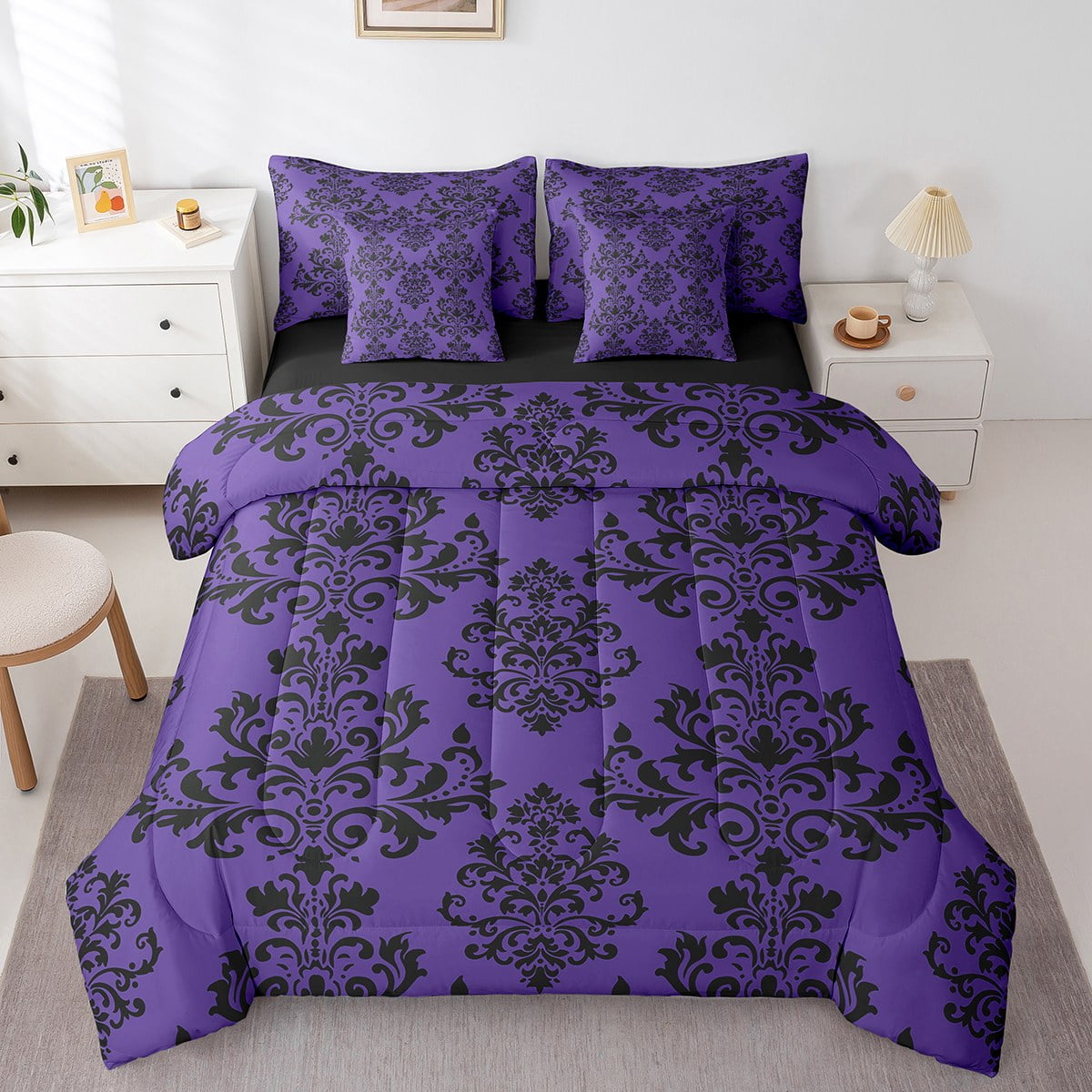 Erosebridal Hippie Black Purple Damask Bedding King Size, Traditional ...