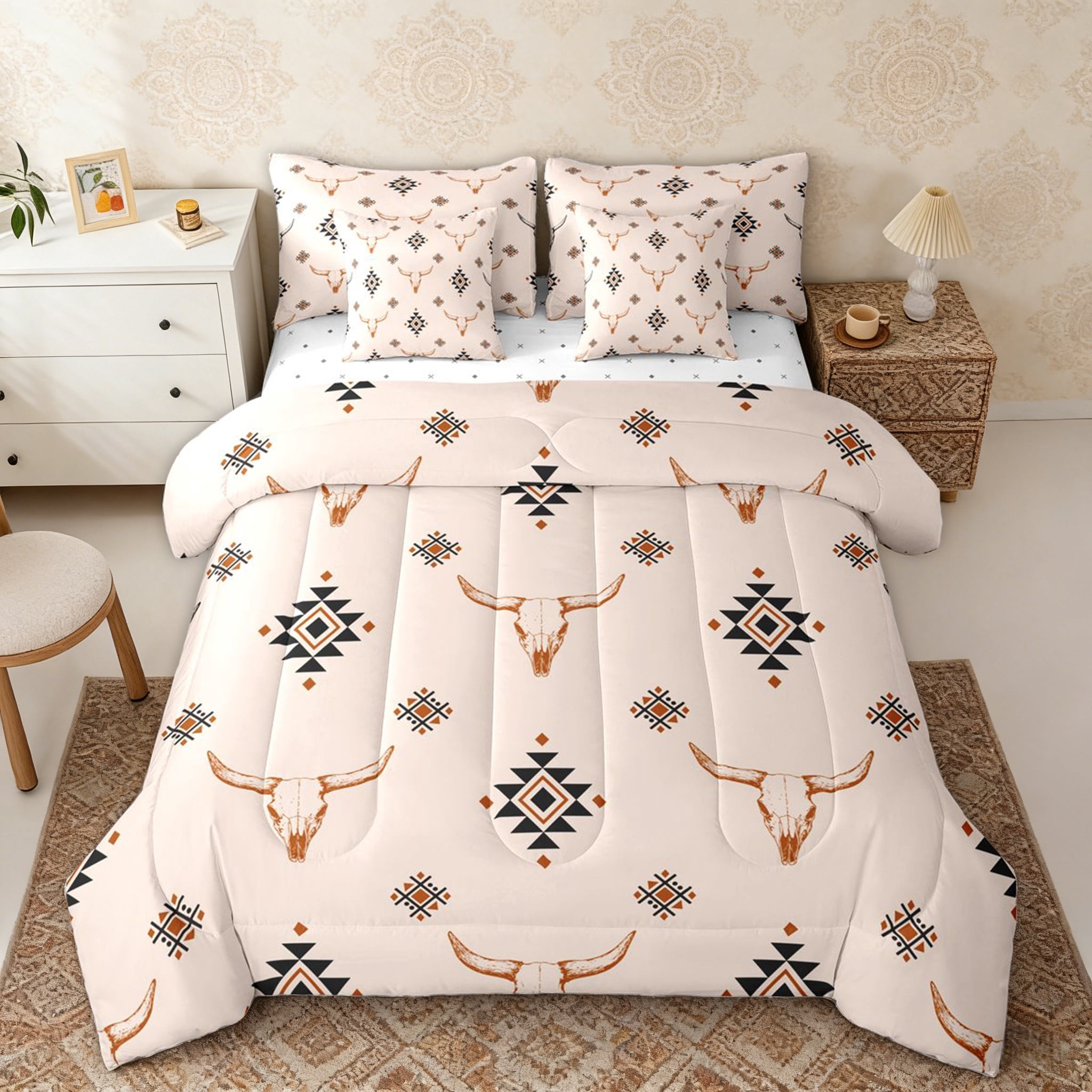Erosebridal Hippie Cow Skull Bedding Comforter Set, Farmhouse Aztec ...