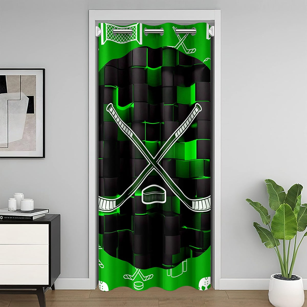 Erosebridal Hockey Door Drape Teen Green Black Neon Geometric Check ...