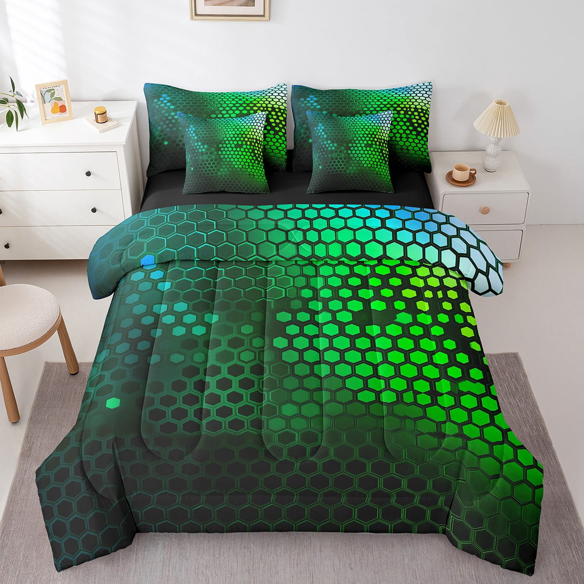 Erosebridal Honeycomb Bedding Queen Size, Green Geometry Bed Set, Teens ...