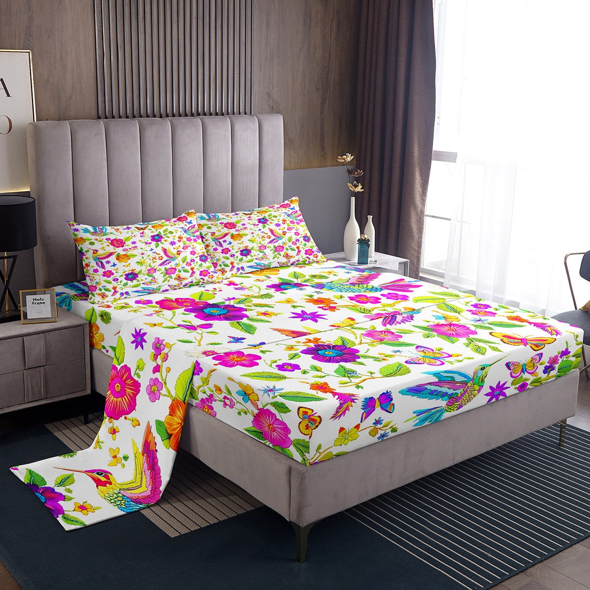 Erosebridal Hummingbird Bed Sheets King,Watercolor Tie Dye Flower ...