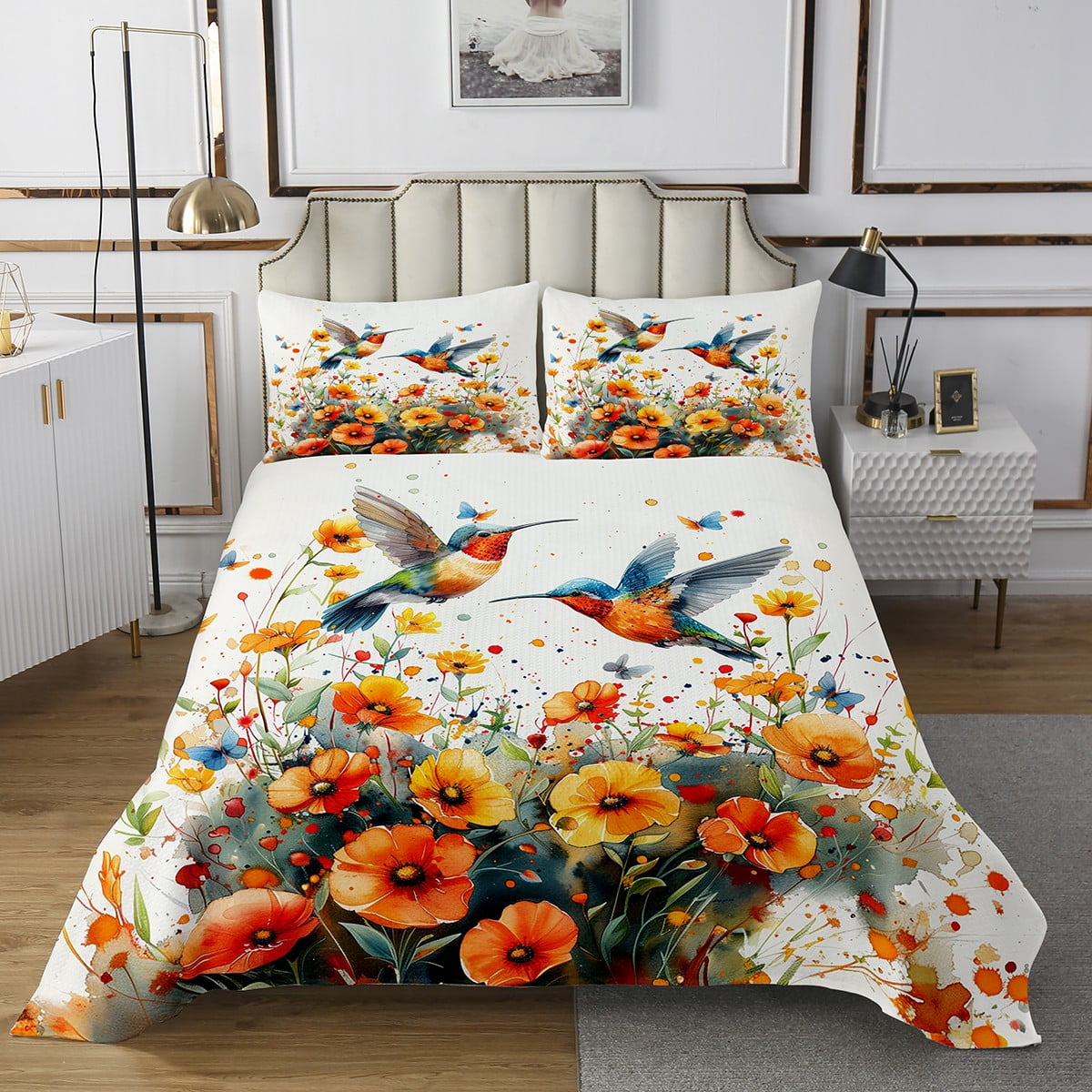 Erosebridal Hummingbird Coverlet Set Queen, Orange Floral Bedding Set ...