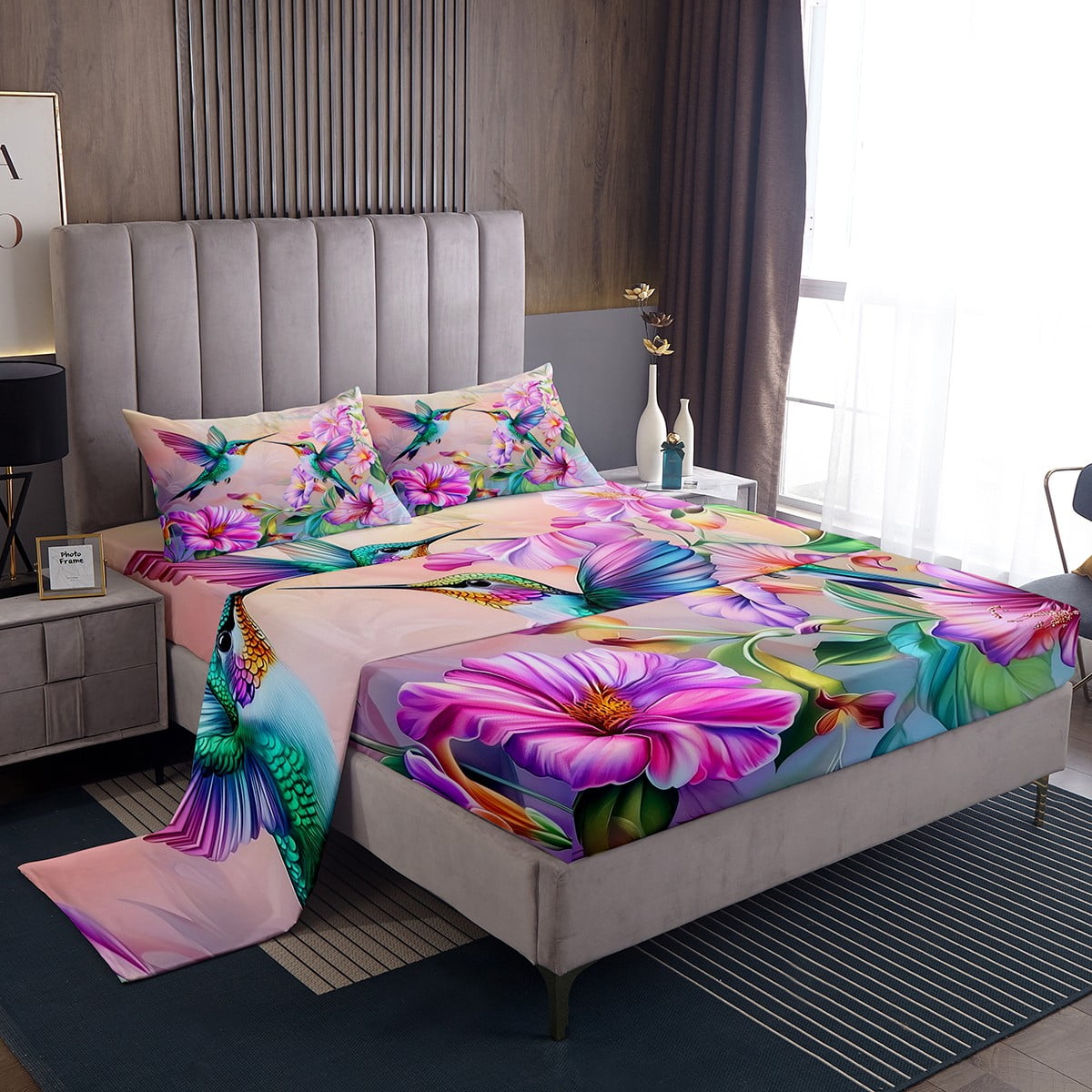 Erosebridal Hummingbird Print Sheet Set Queen, Purple Floral Bedding ...