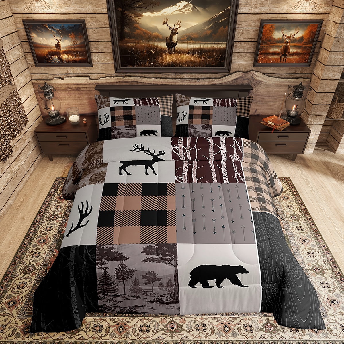 Erosebridal Hunting Bear Bedding Sets Queen with Comforter, Woodland Wildlife Duvet Insert ...