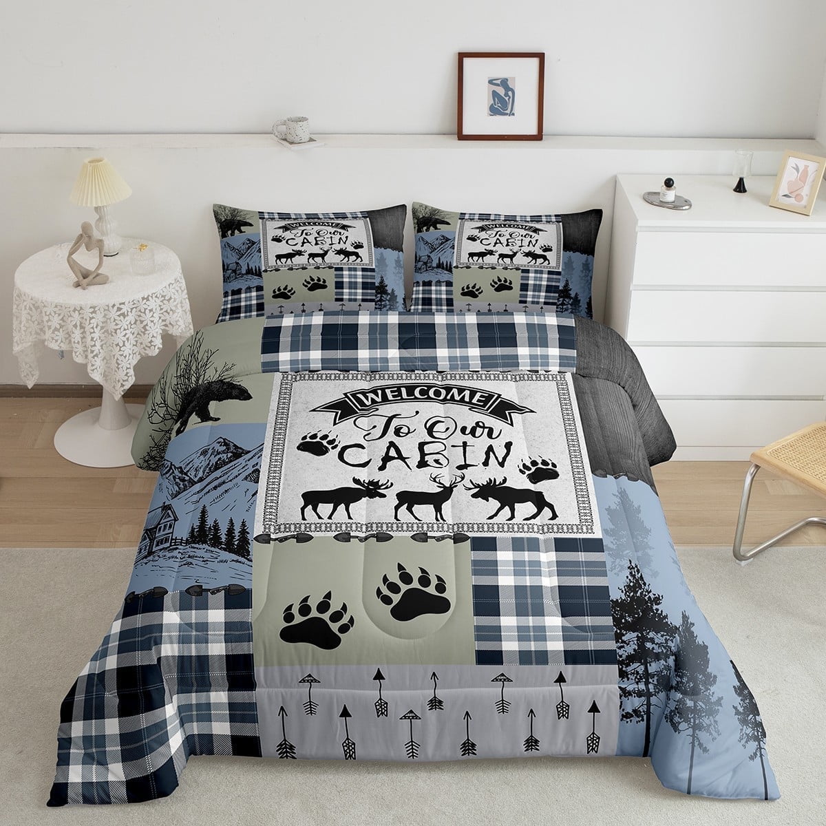 Erosebridal Hunting Bear Deer Comforter Set, Rustic Cabin Patchwork Quilt Queen, Buffalo Plaid ...