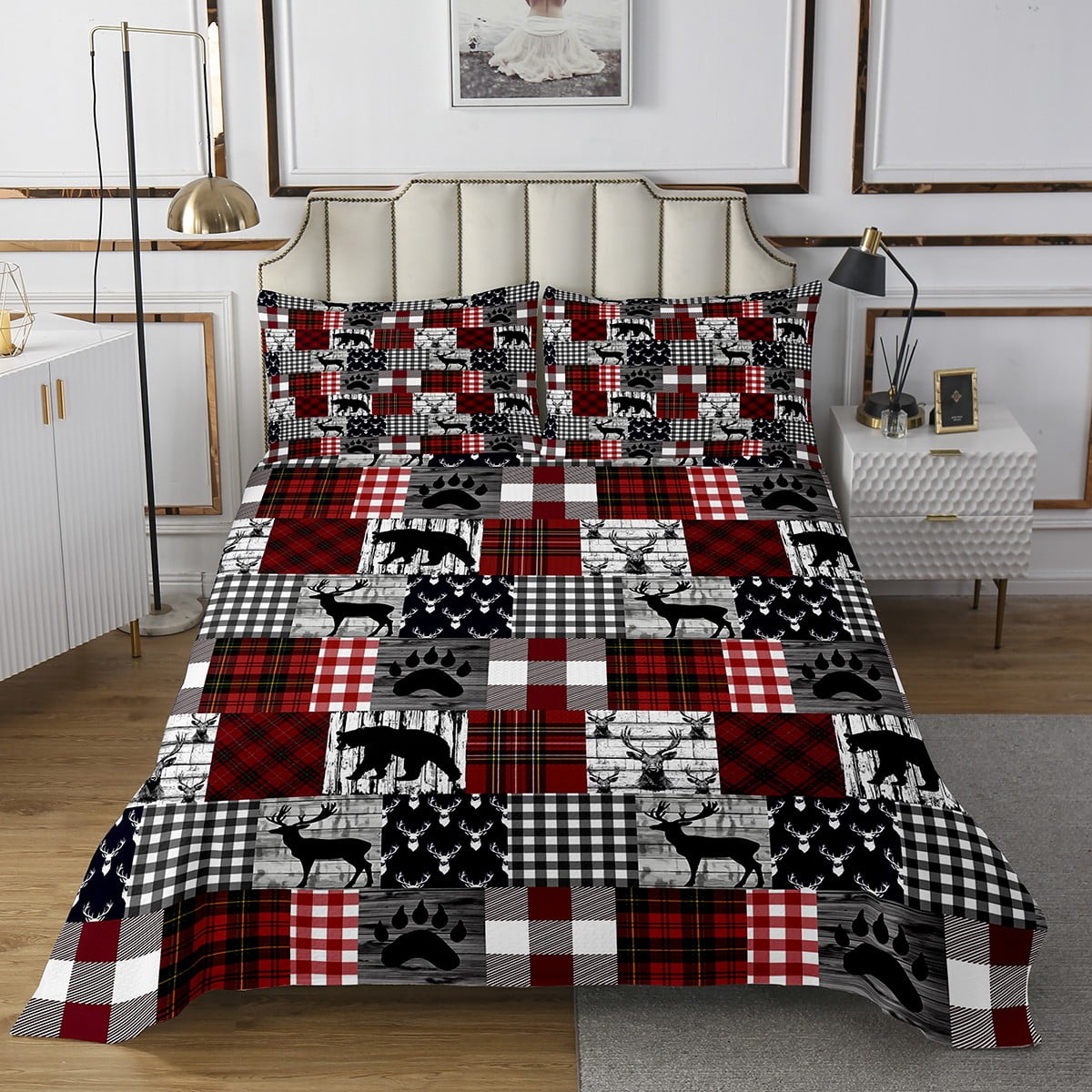 Erosebridal Hunting Deer Bear Quilt Sets for Twin Size Bed, Rustic Grey Red Check Patchwork Bed ...